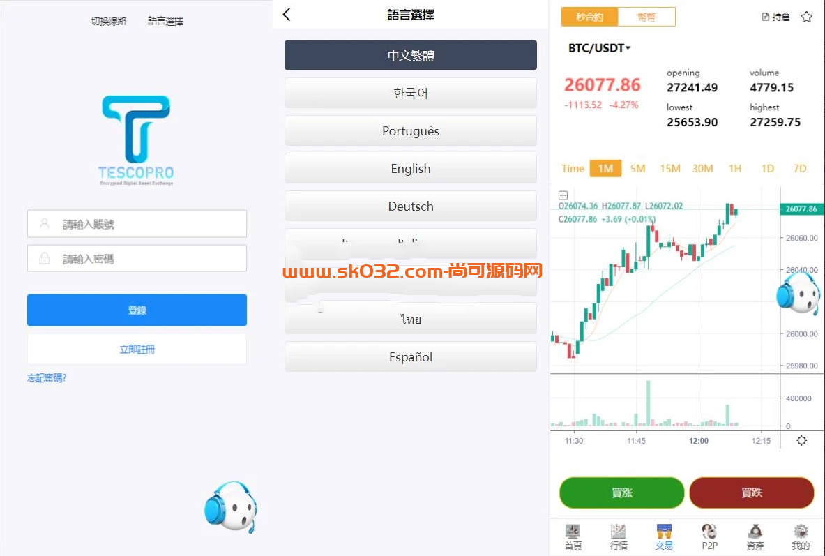 新版多语言交易所系统/秒合约币币交易/P2P理财派单抢单-尚可源码